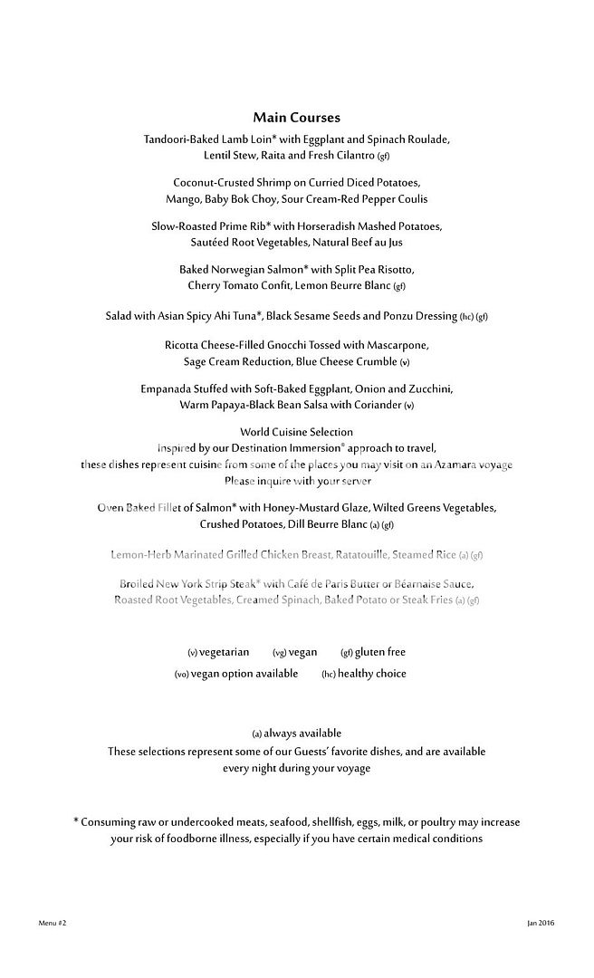 Azamara Discoveries Restaurant Menus (January 2016) - Azamara - Cruise ...