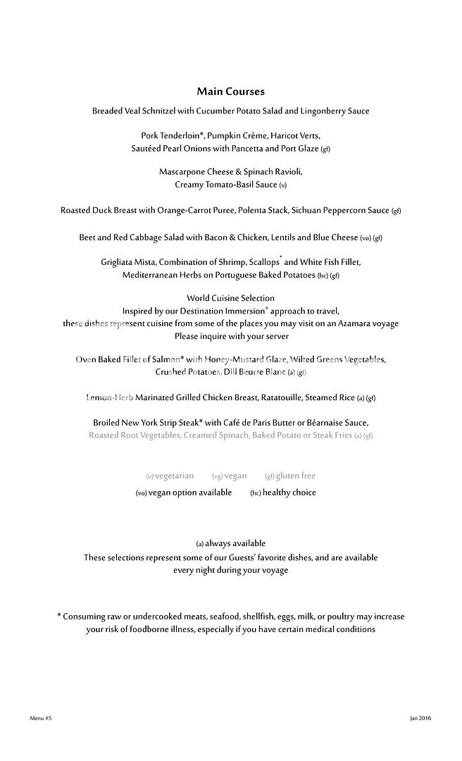Azamara Discoveries Restaurant Menus (January 2016) - Azamara - Cruise ...